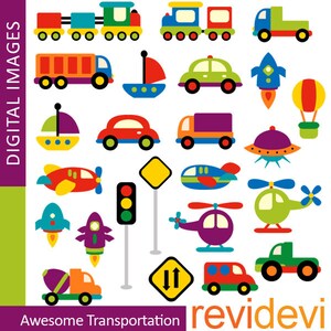 Transportation Clip Art Bundle. Cars, Construction Trucks, Boat, Planes ...