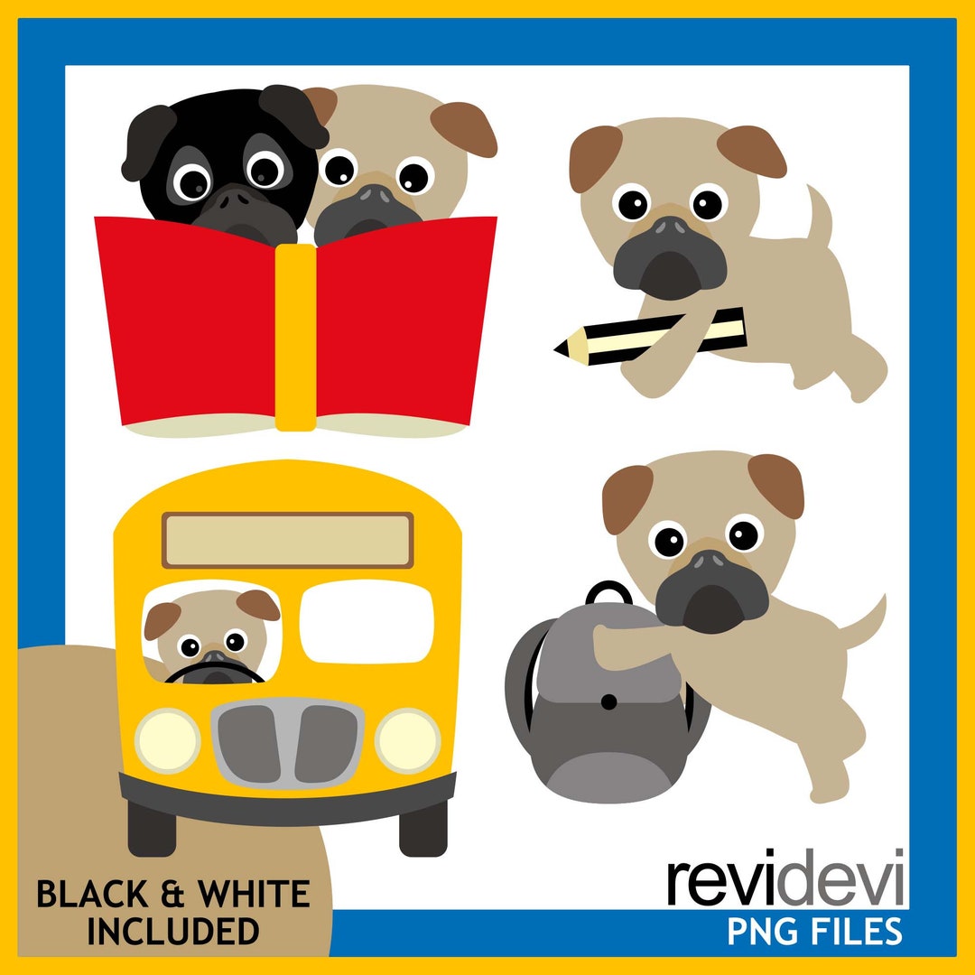 Pug Back to School Clip Art. Cute Pet Dog With Book, School Bus, Bag. 8 ...