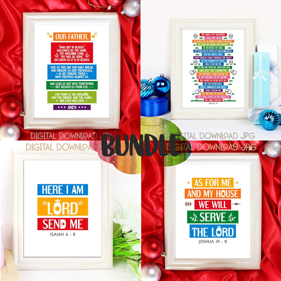 Printable Bible Verse Wall Art Bundle. Set of 4. Rainbow Colors Posters ...