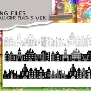 Long City Skyline Buildings Clipart Bundle, Black and Grey Skyscraper ...