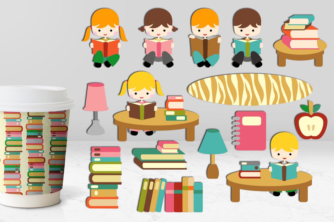 Reading Clip Art. Kids Sit and Read, Library, Stack of Books, Students ...
