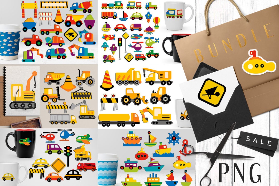 Transportation Clip Art Bundle. Cars, Construction Trucks, Boat, Planes ...