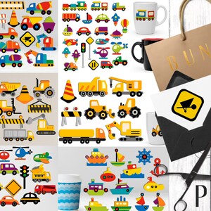 Transportation Clip Art Bundle. Cars, Construction Trucks, Boat, Planes ...