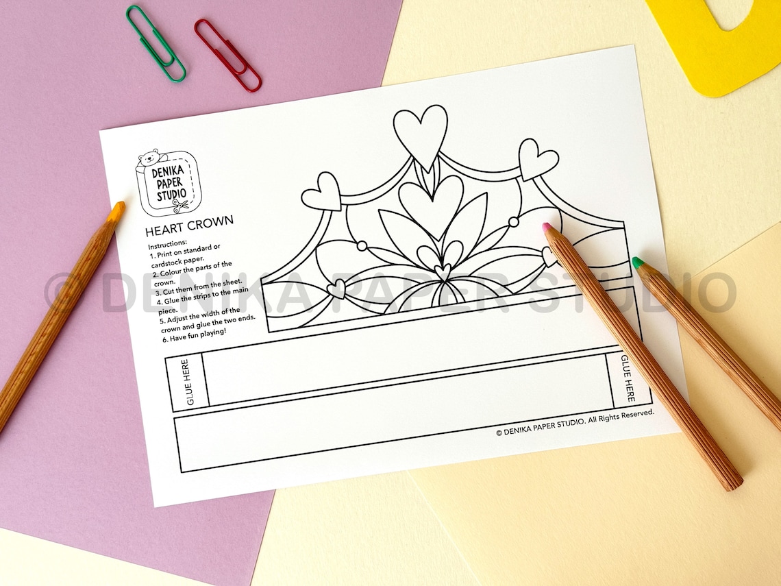 Heart Princess Paper Crown Colouring Printable Kids Craft Queen Costume ...