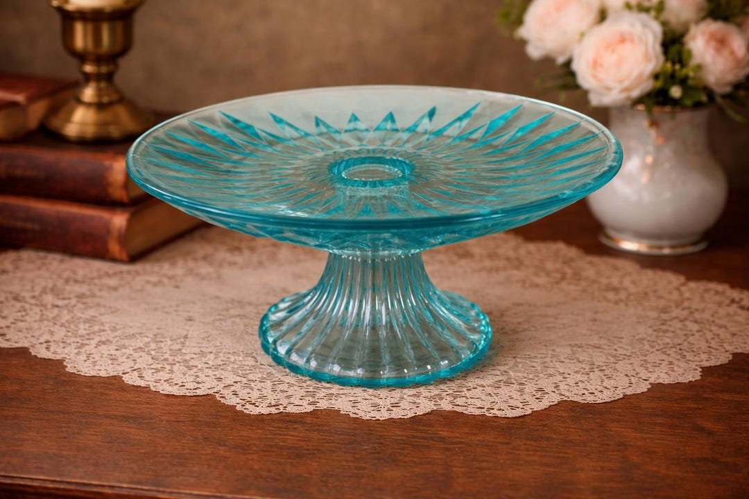 A Vintage Teal Depression Glass Cake Stand With a Laurel Leaf Pattern ...