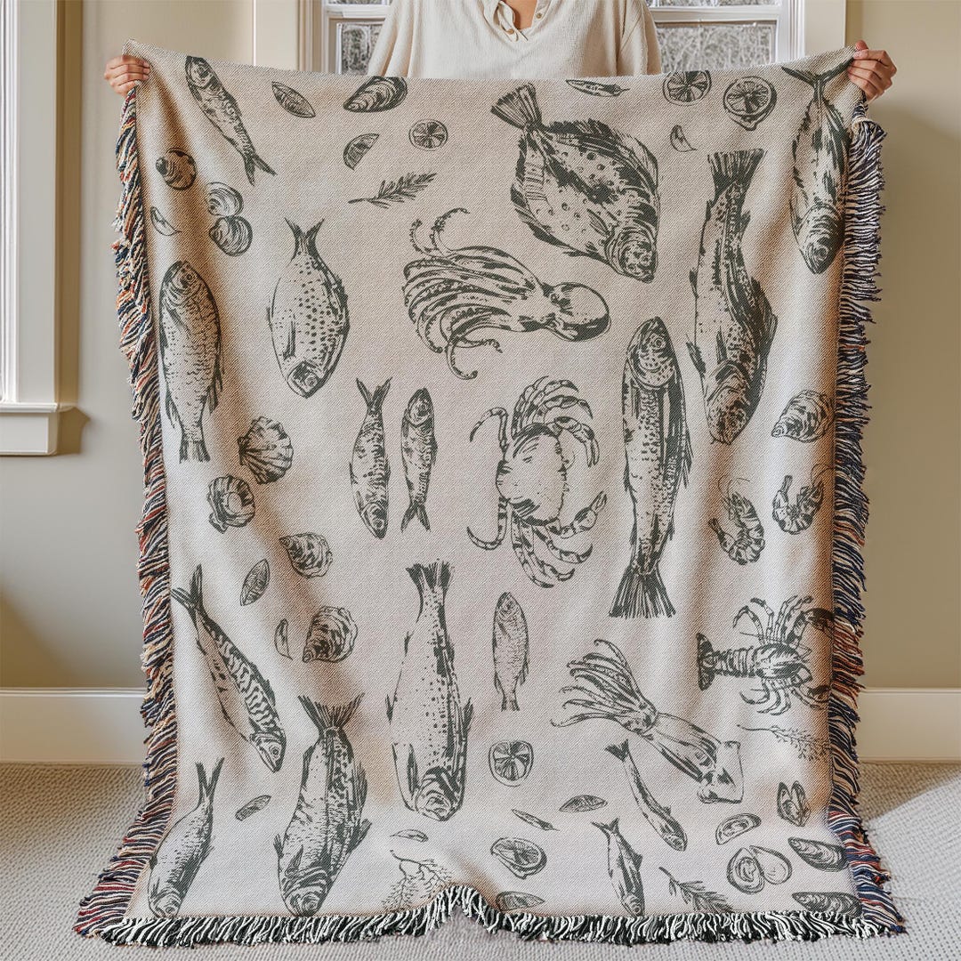 Coastal Beach Blanket, Grandma Vintage Tin Fish Coastal Soft Girl Style ...