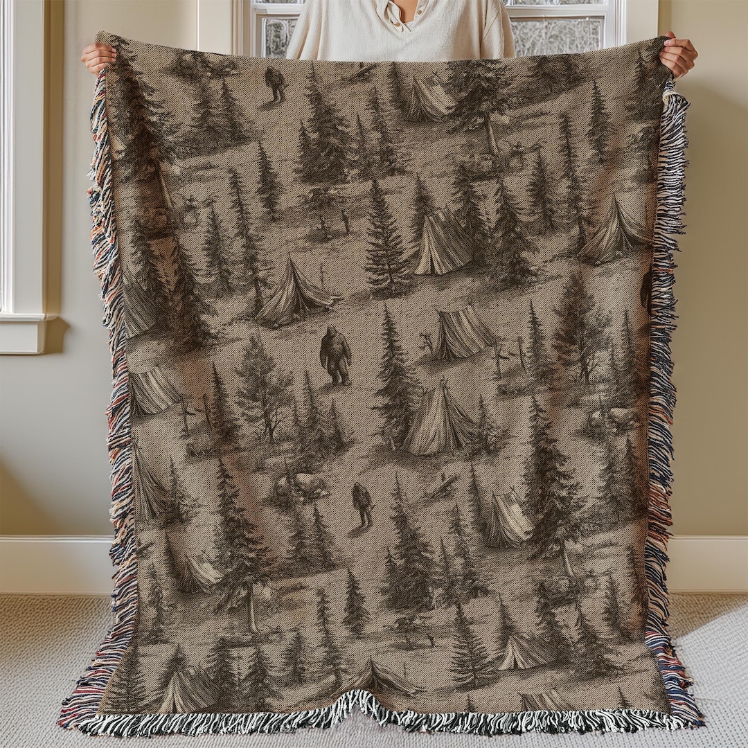 Sasquatch Toile Blanket, Halloween Woven Blanket, Retro Bigfoot Mancave ...