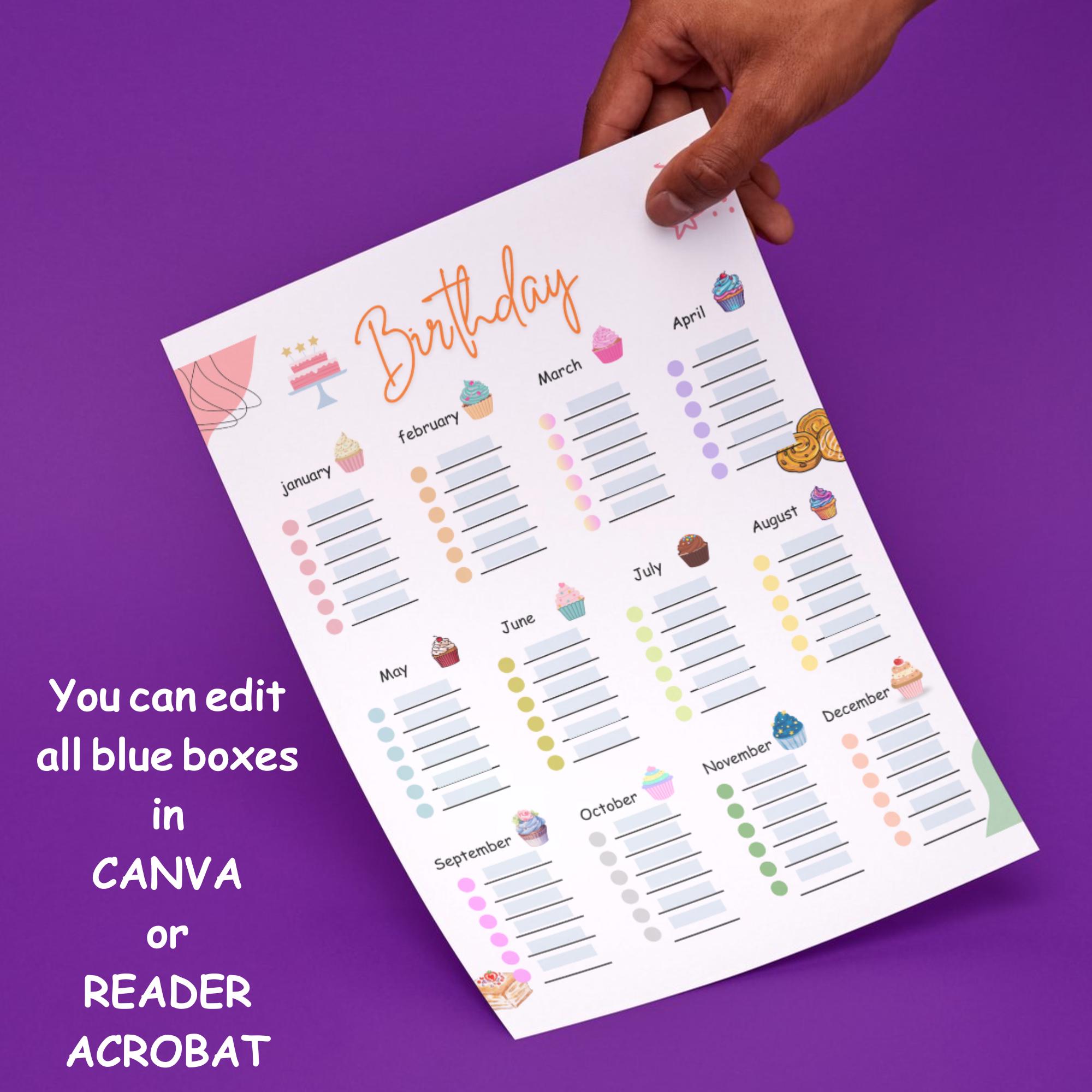 Birthday Tracker Printable Template, Birthday Planner Printable ...