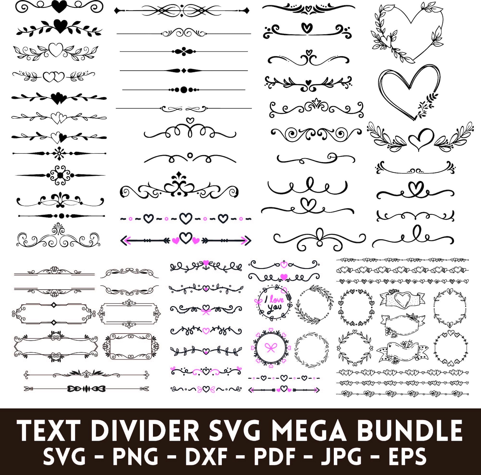 Heart Border Svg Bundle,heart Text Divider Svg,heart Wreath Svg,wedding ...
