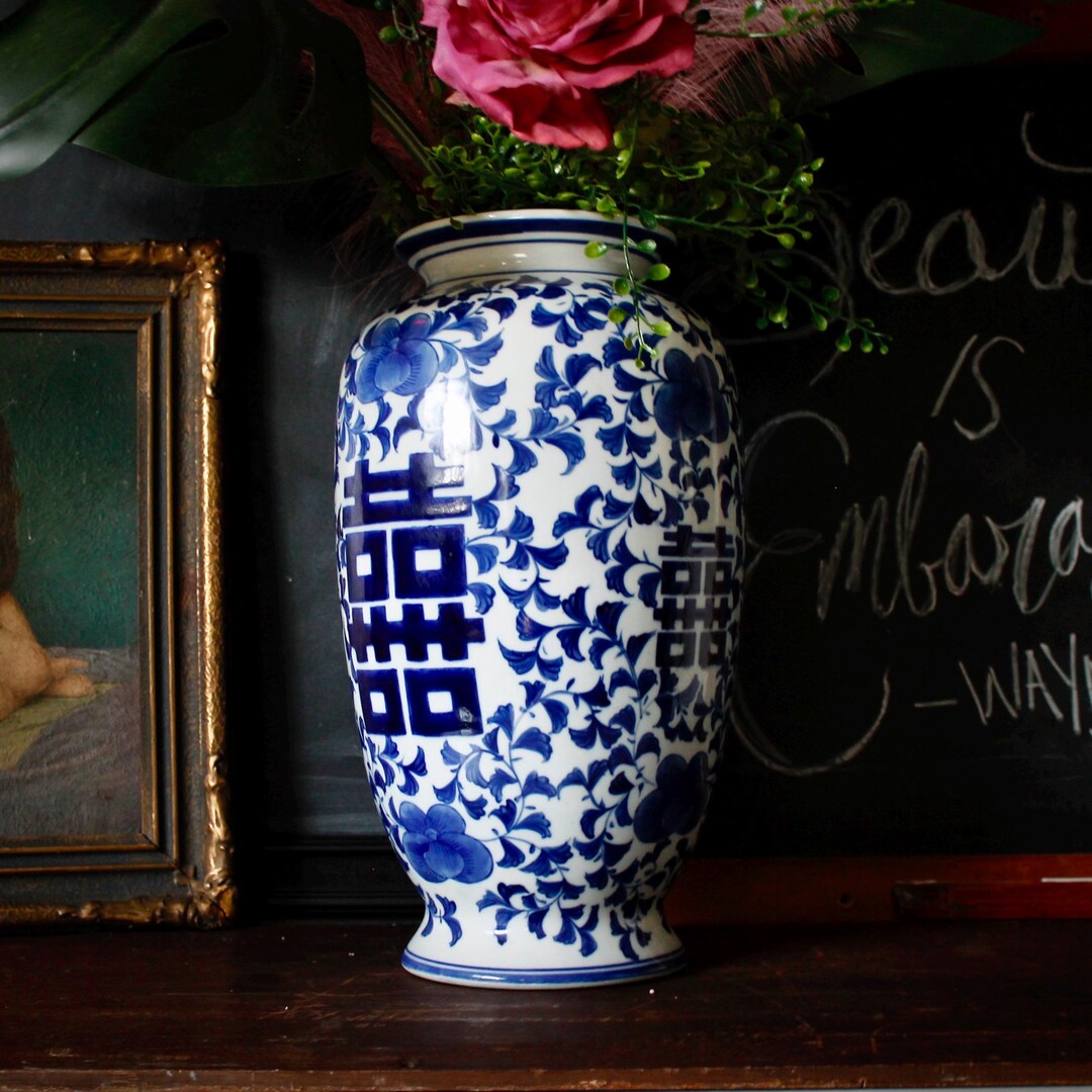 Vintage Blue and White 14” Chinoiserie Ceramic Floral Vase Bombay ...