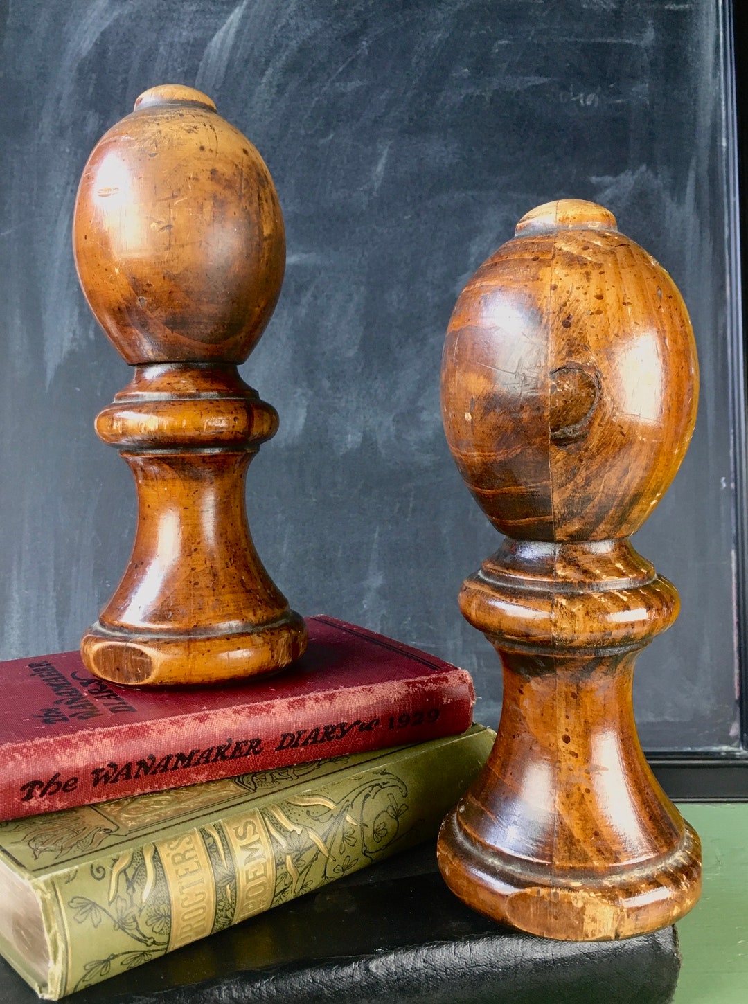 Vintage Wooden Newel Post Tops Architectural Salvage Finials, Pair of 2 ...