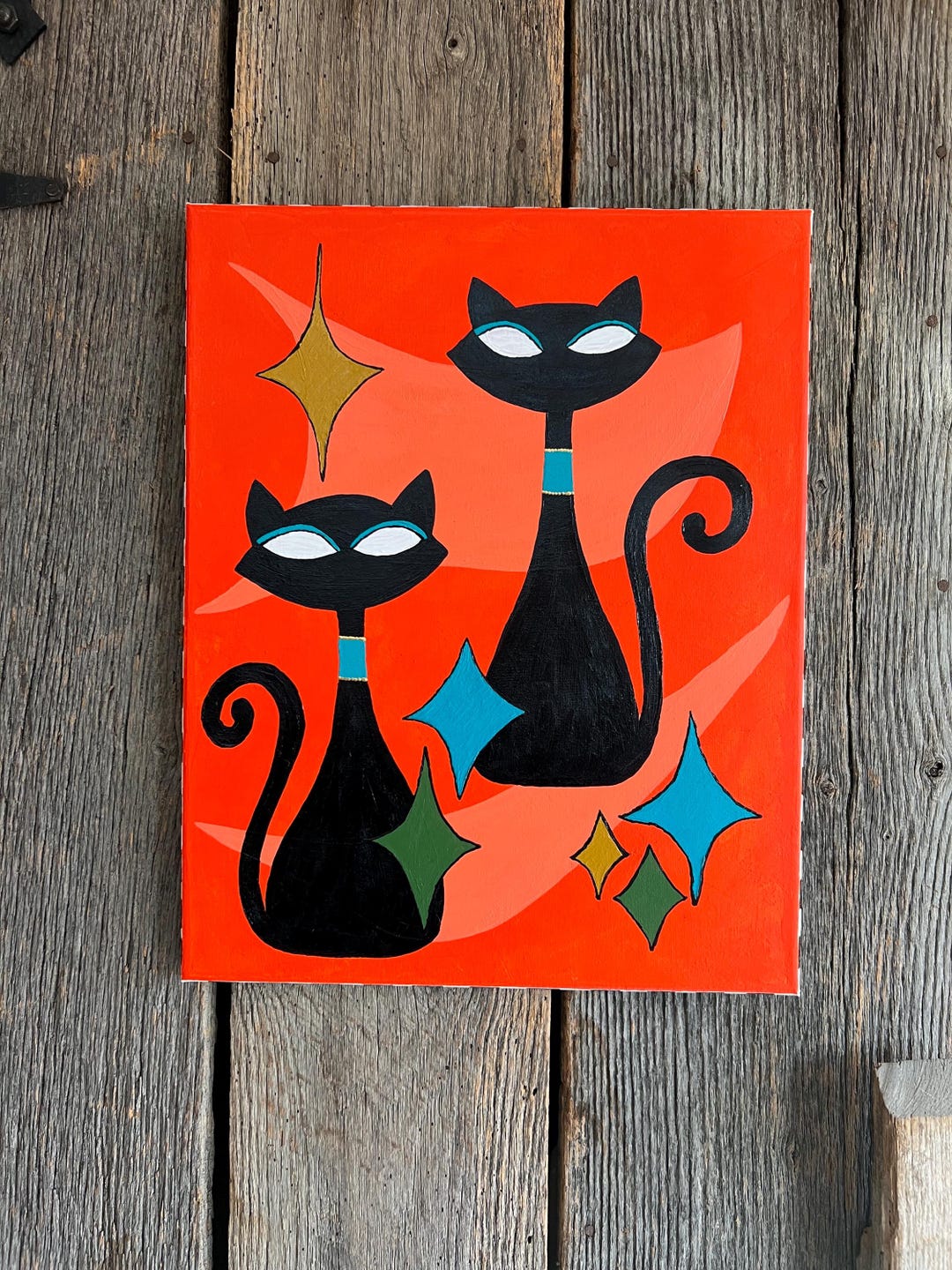 Atomic Kitties on Orange, 16 X 20 Acrylic Paint on Canvas. Midcentury ...