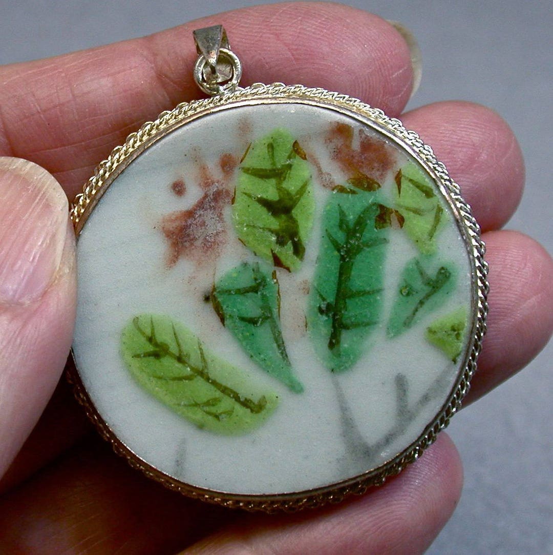 ANTIQUE Chinese PORCELAIN SHARD Qing Dynasty Green Leaves Orange Flower ...