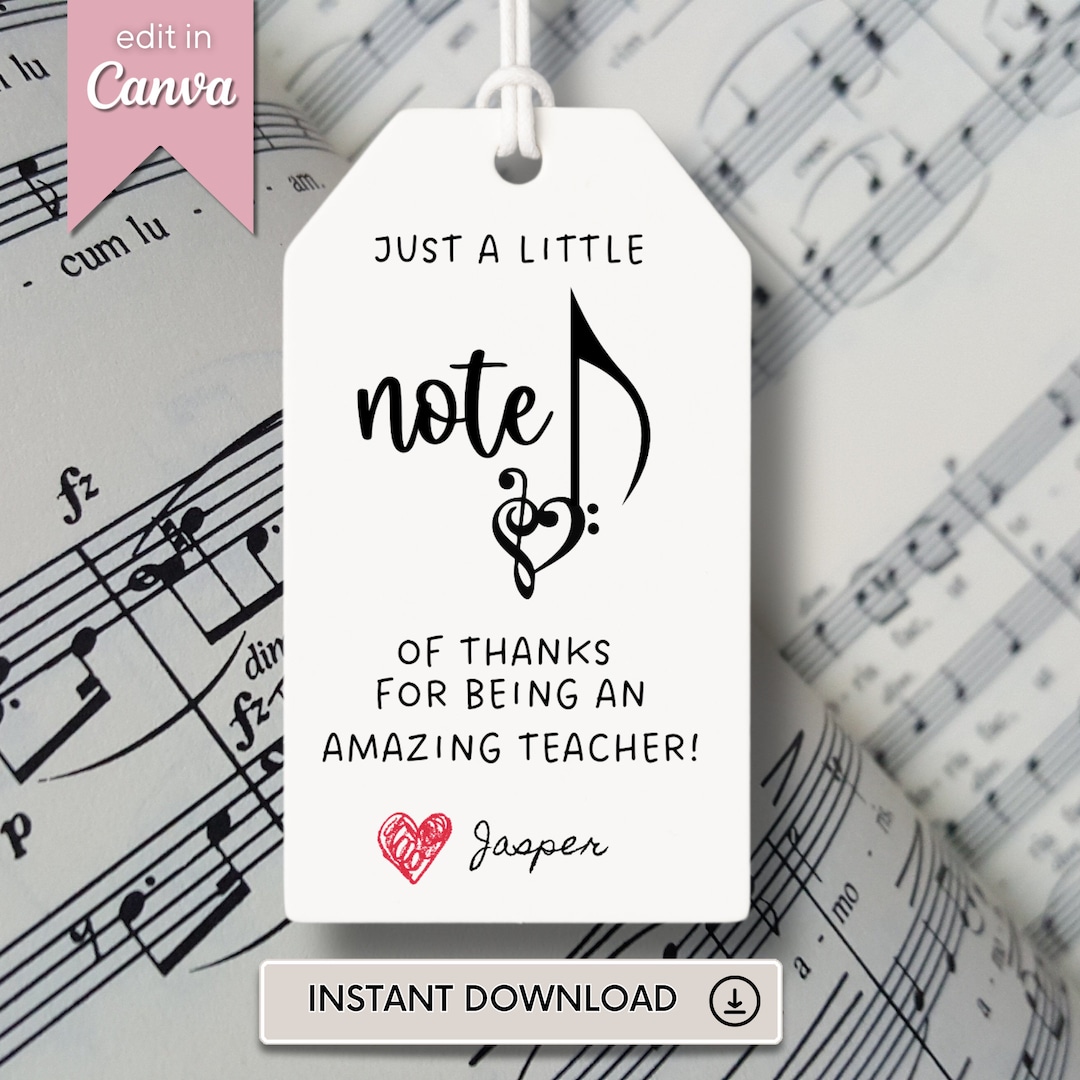 Music Teacher Gift Tag Teacher Appreciation Printable Thank You Note ...