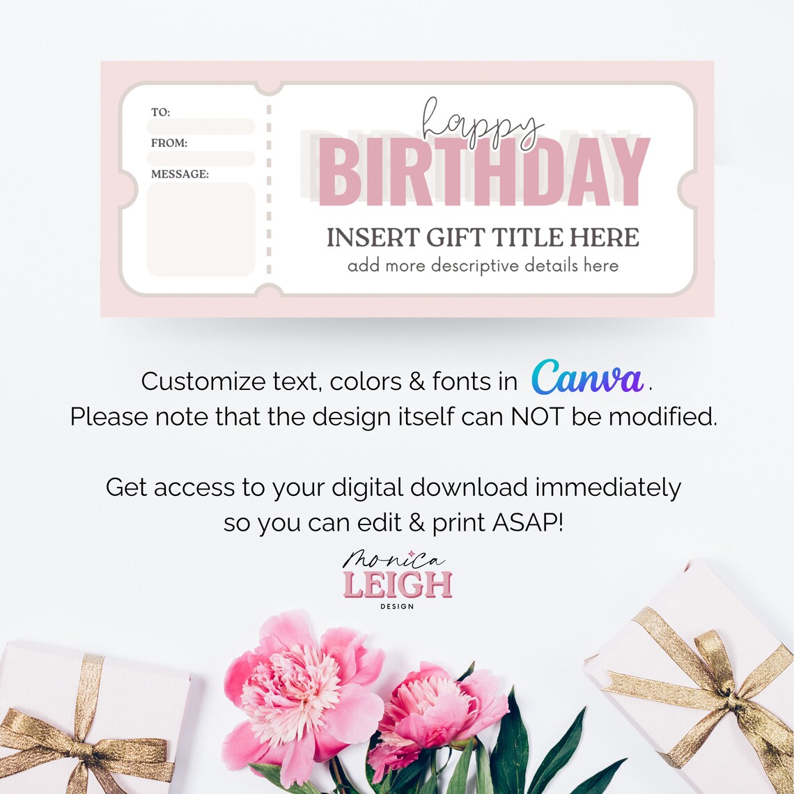 Birthday Gift Coupon Template Printable Gift Certificate Digital ...