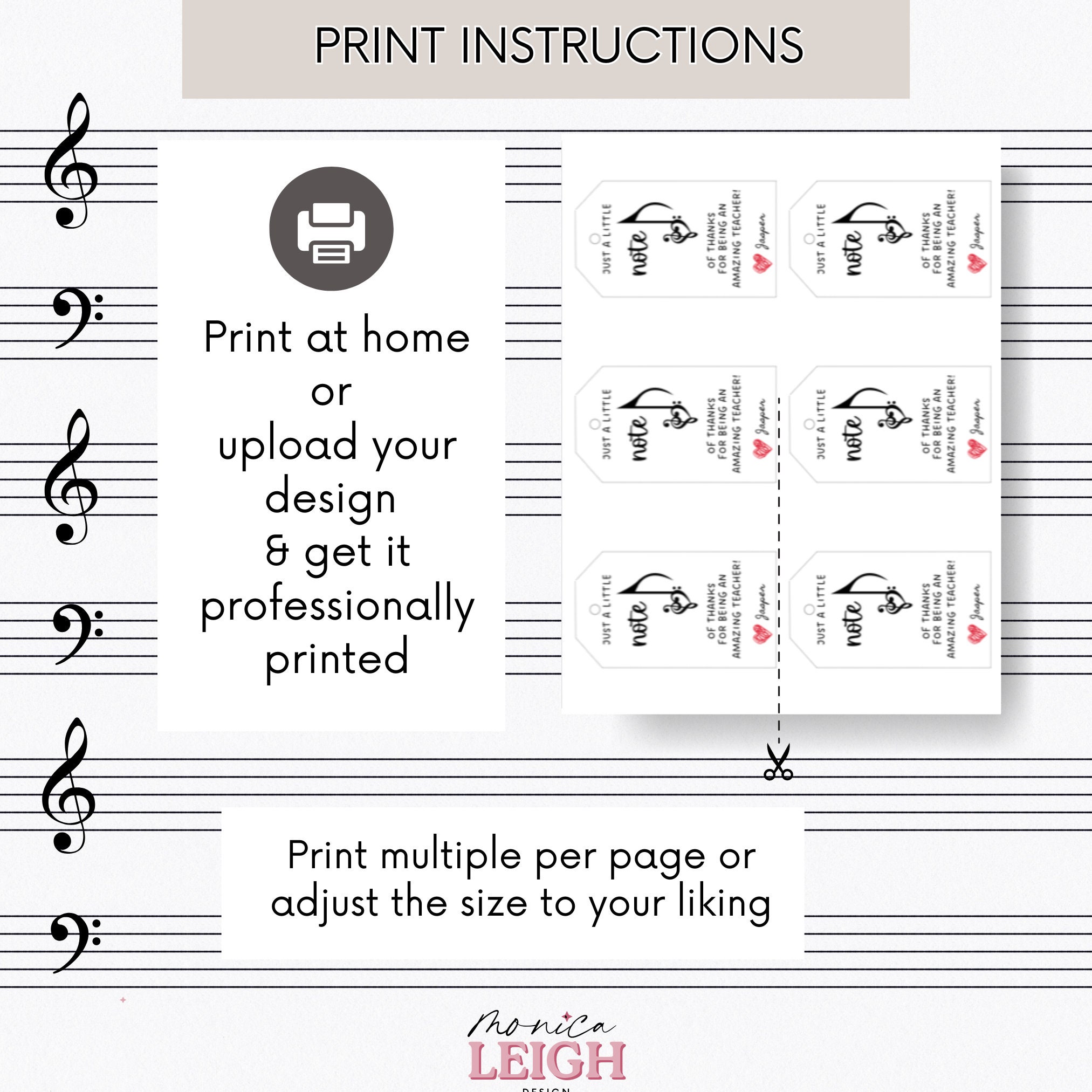 Music Teacher Gift Tag Teacher Appreciation Printable Thank You Note ...