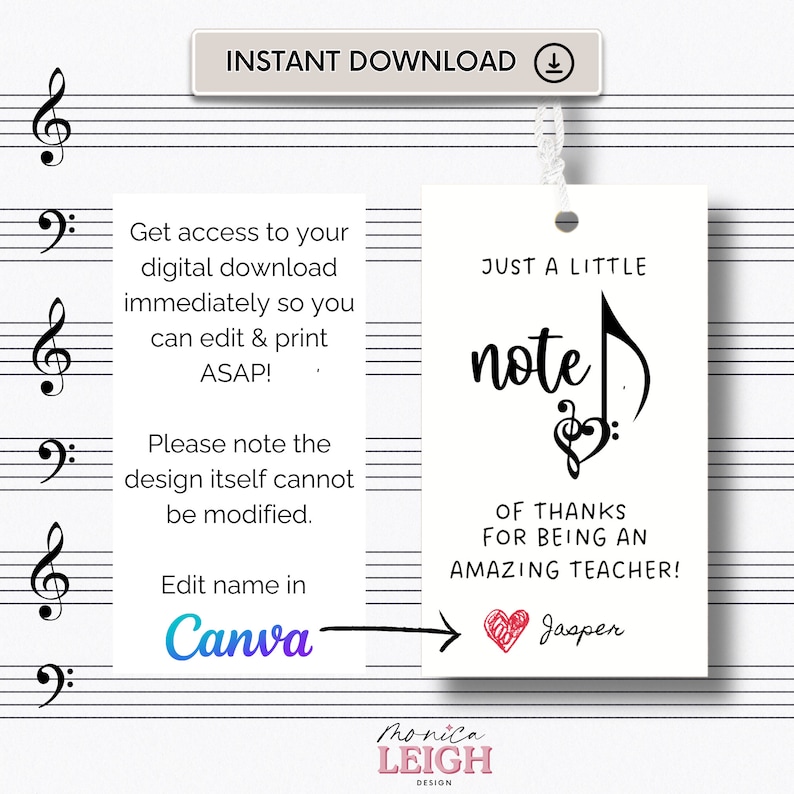 Music Teacher Gift Tag Teacher Appreciation Printable Thank You Note ...