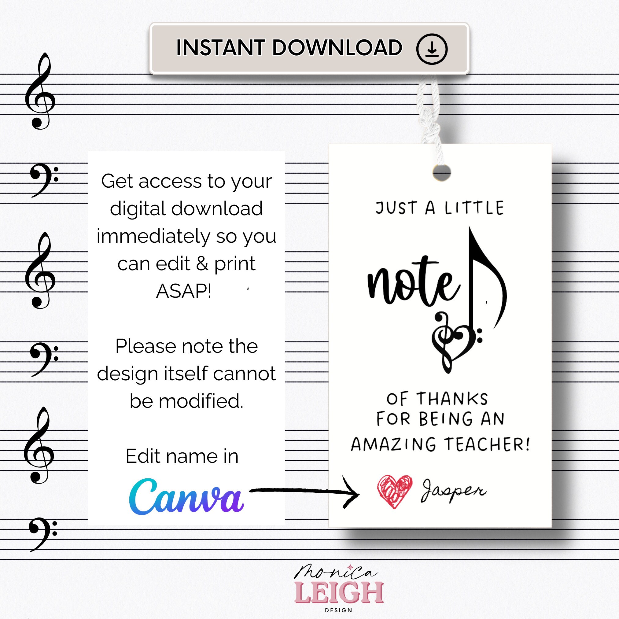 Music Teacher Gift Tag Teacher Appreciation Printable Thank You Note ...