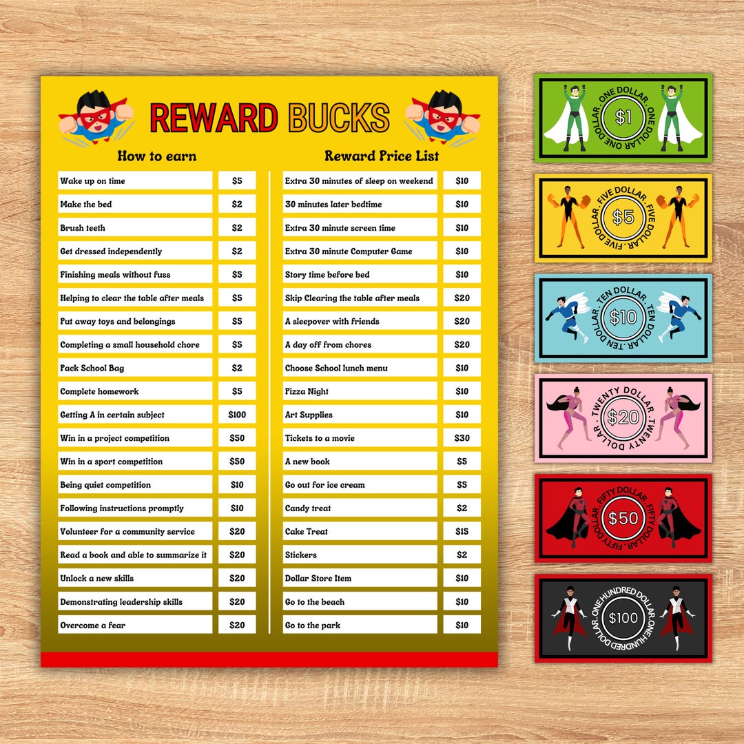 Printable Superhero Power Pretend Money Set for Kid Children Reward ...