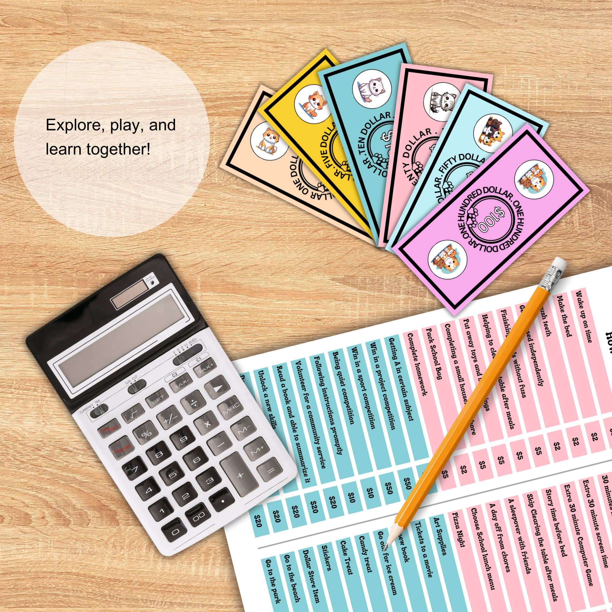 Printable Cute Cat Pretend Money Set for Kids Children's Reward Bucks ...