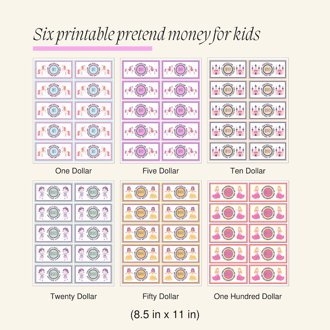 Printable Cute Princess Pretend Money Set for Kids Children Reward ...