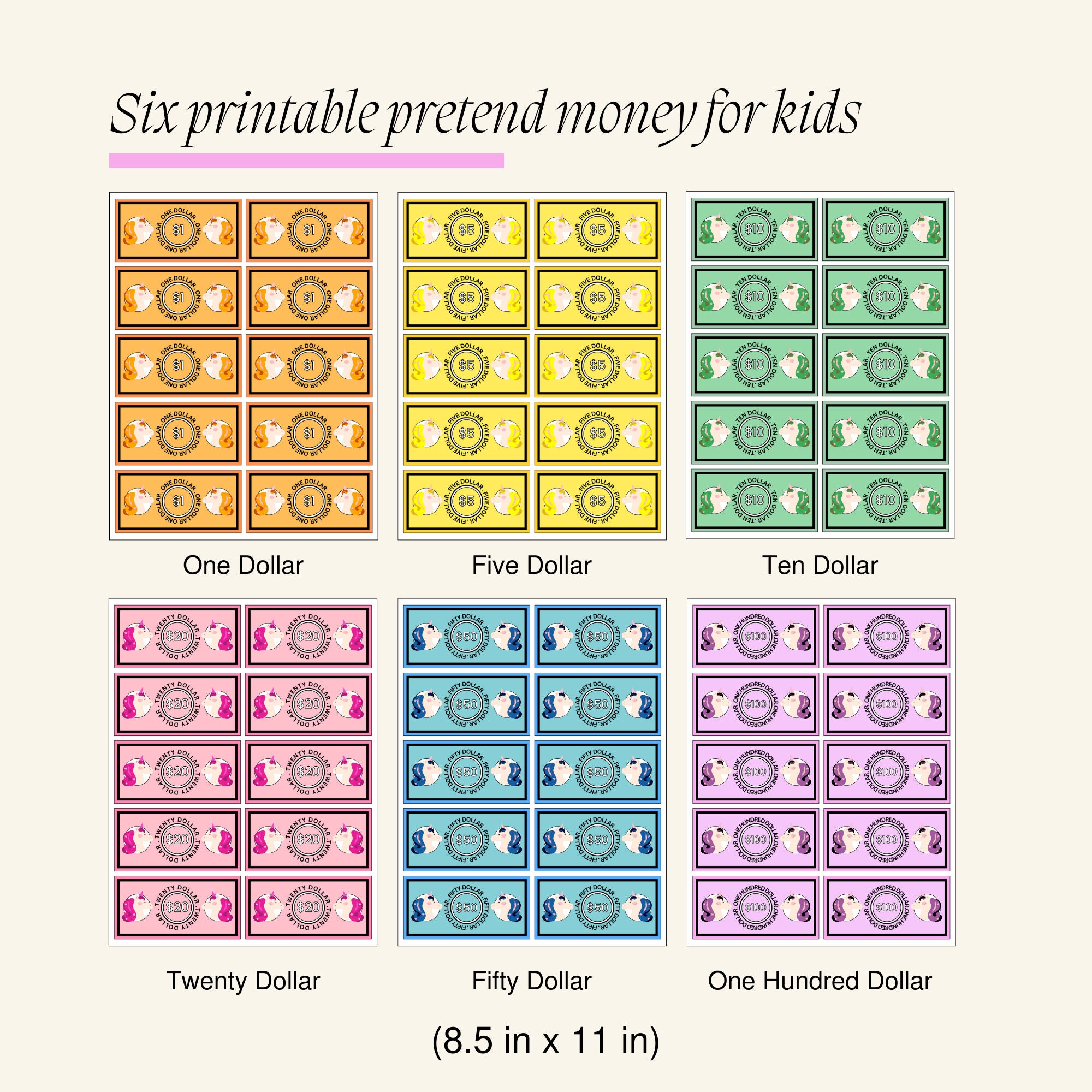 Printable Cute Unicorn Pretend Money Set for Kids Children Reward Bucks ...