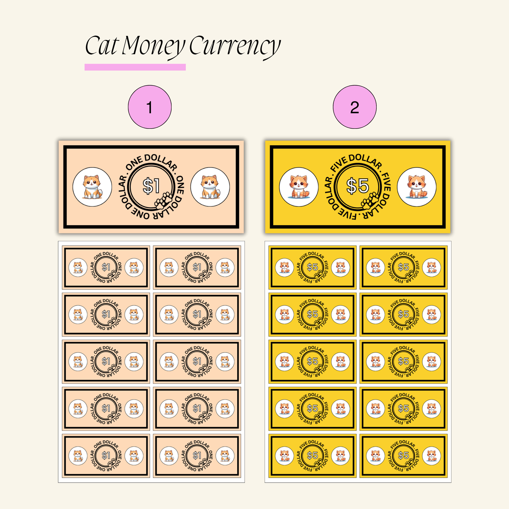 Printable Cute Cat Pretend Money Set for Kids Children's Reward Bucks ...