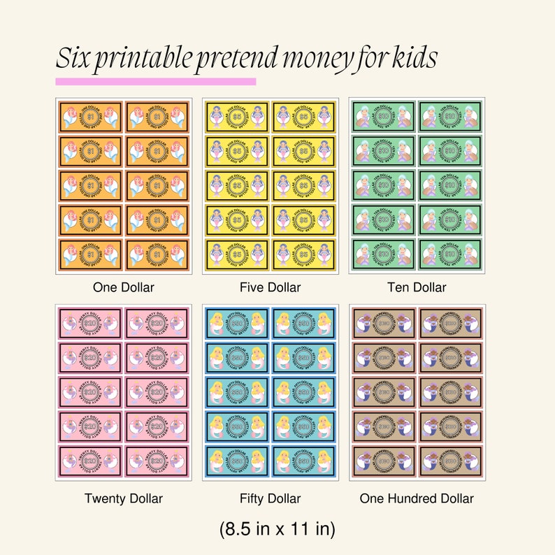 Printable Cute Mermaid Pretend Money Set for Kids Children Reward Bucks ...