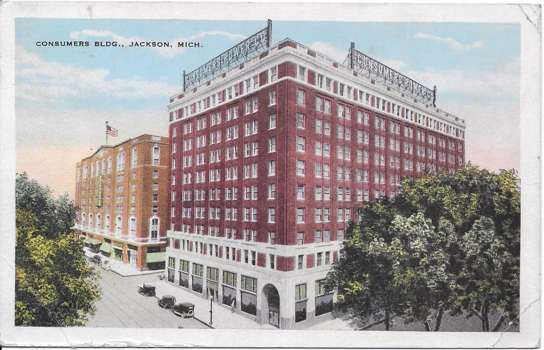 Vintage Michigan White Border Postcard Consumers Building Jackson ...