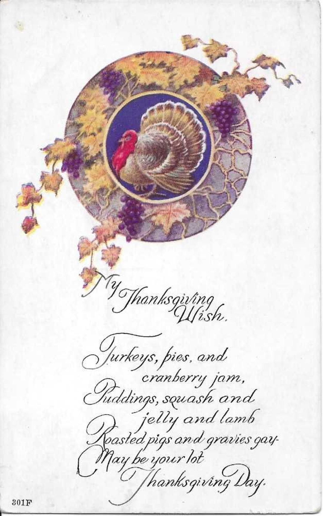 Vintage 1930 Thanksgiving Turkey Postcard: Autumn Leaves & Grapes - Etsy