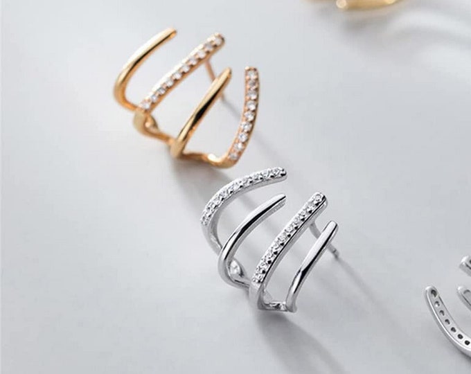 Triple Thin Claw Stud Earrings, Three Rows CZ Small Hook Earrings, CZ Huggies Triple Caged Stud ...