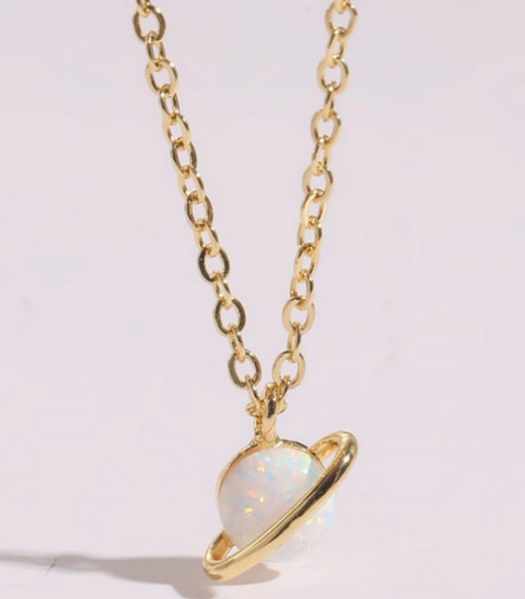 Opal Saturn Planet Pendant Necklace, Tiny Opal Saturn Charm With Gold ...