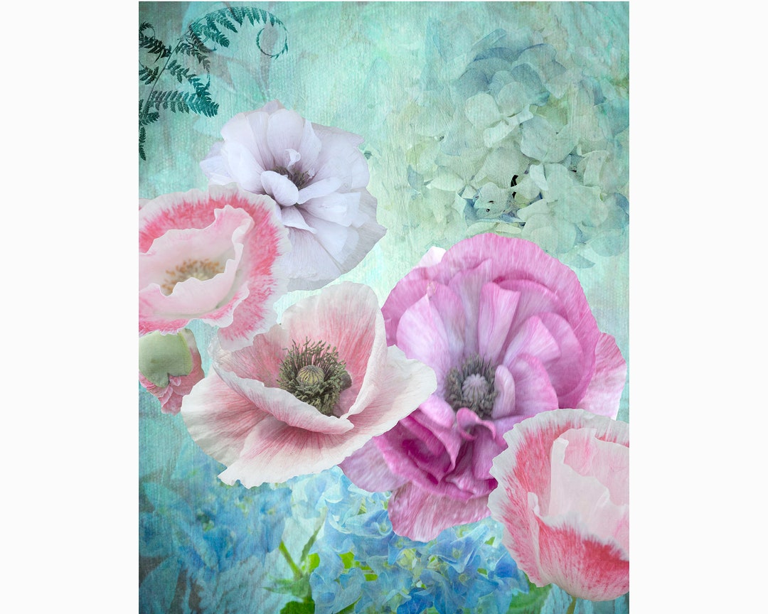 Poppy Photo Collage on Teal Blue , Vibrant Colorful Art - Etsy