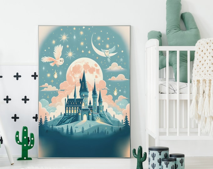 Wizard Castle Poster, Wizard Castle Print, Magical Castle Art, Blue ...