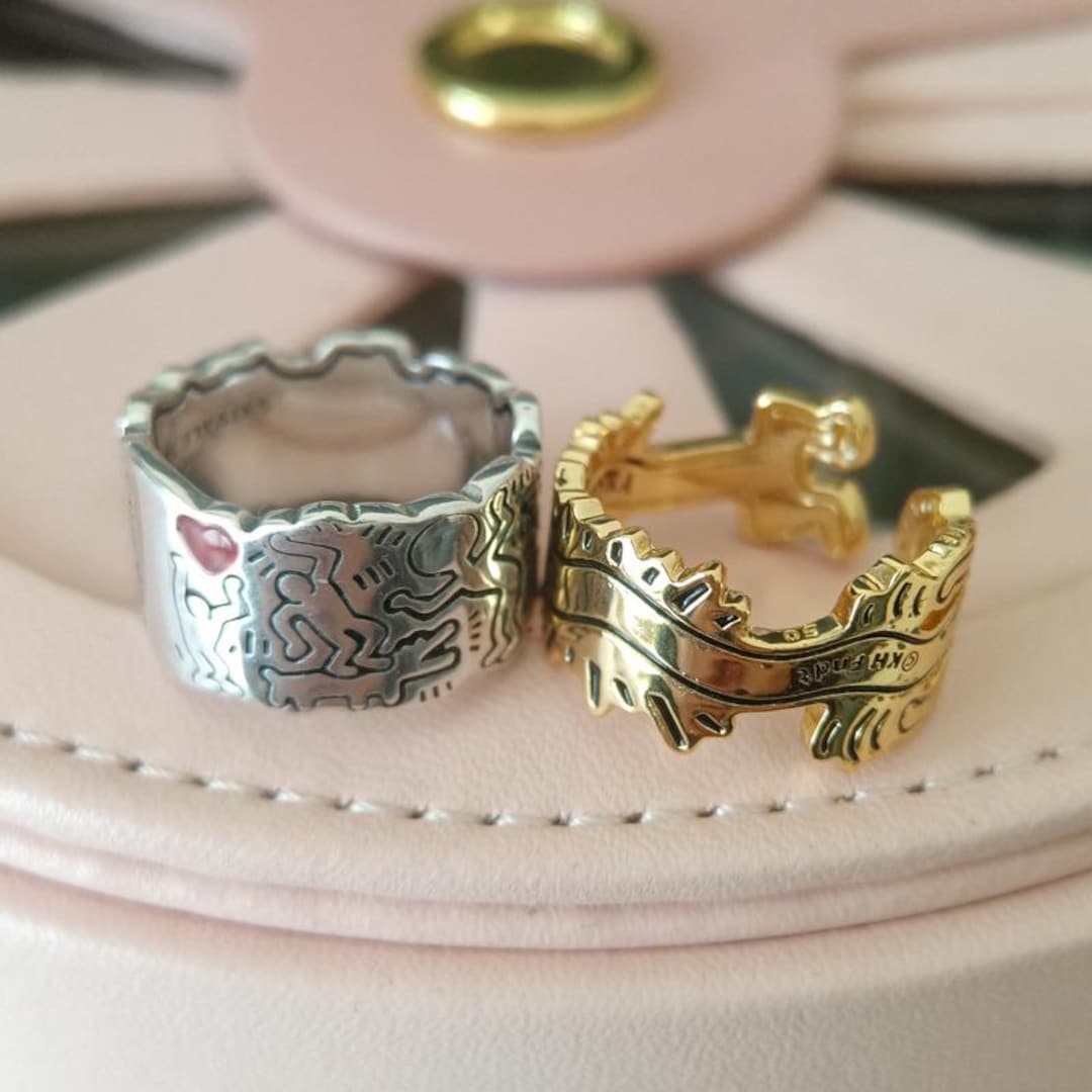 Keith Haring Wavy Figure Open Ring / Line Art Love and People Wide Band ...