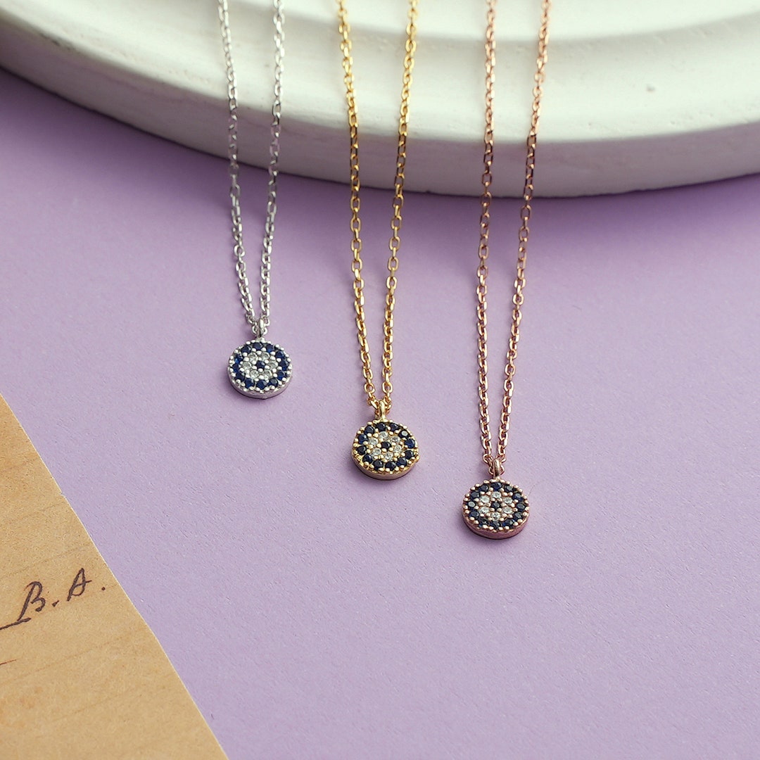 Minimalist Gold Evil Eye Chain Necklace, Delicate CZ Stones Protection ...