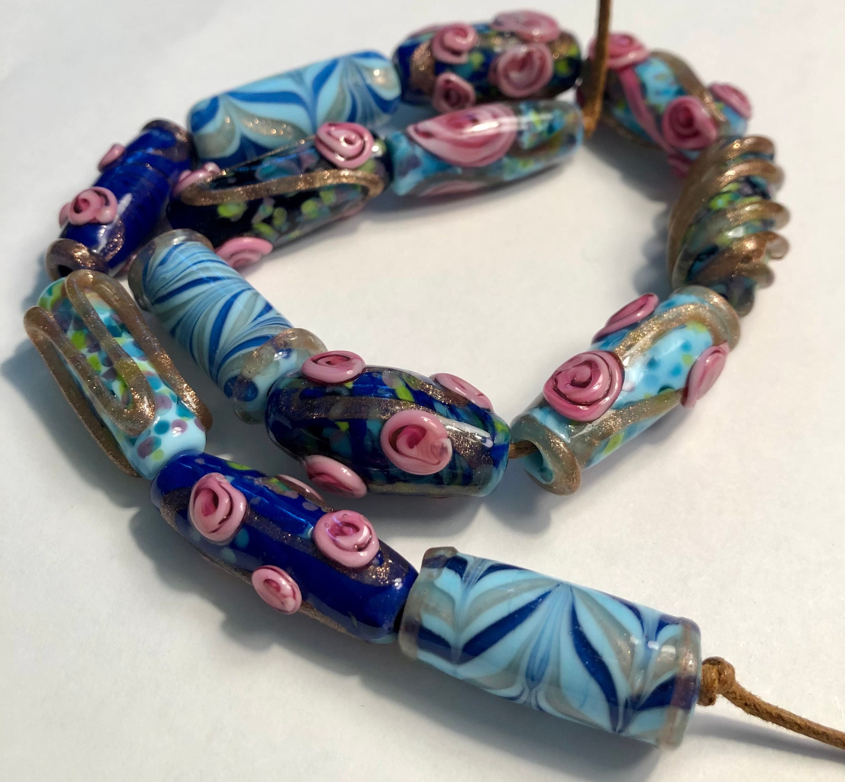 Blue Rose and Gold Floral Chevron Lampworked Bead Set 2 - Etsy