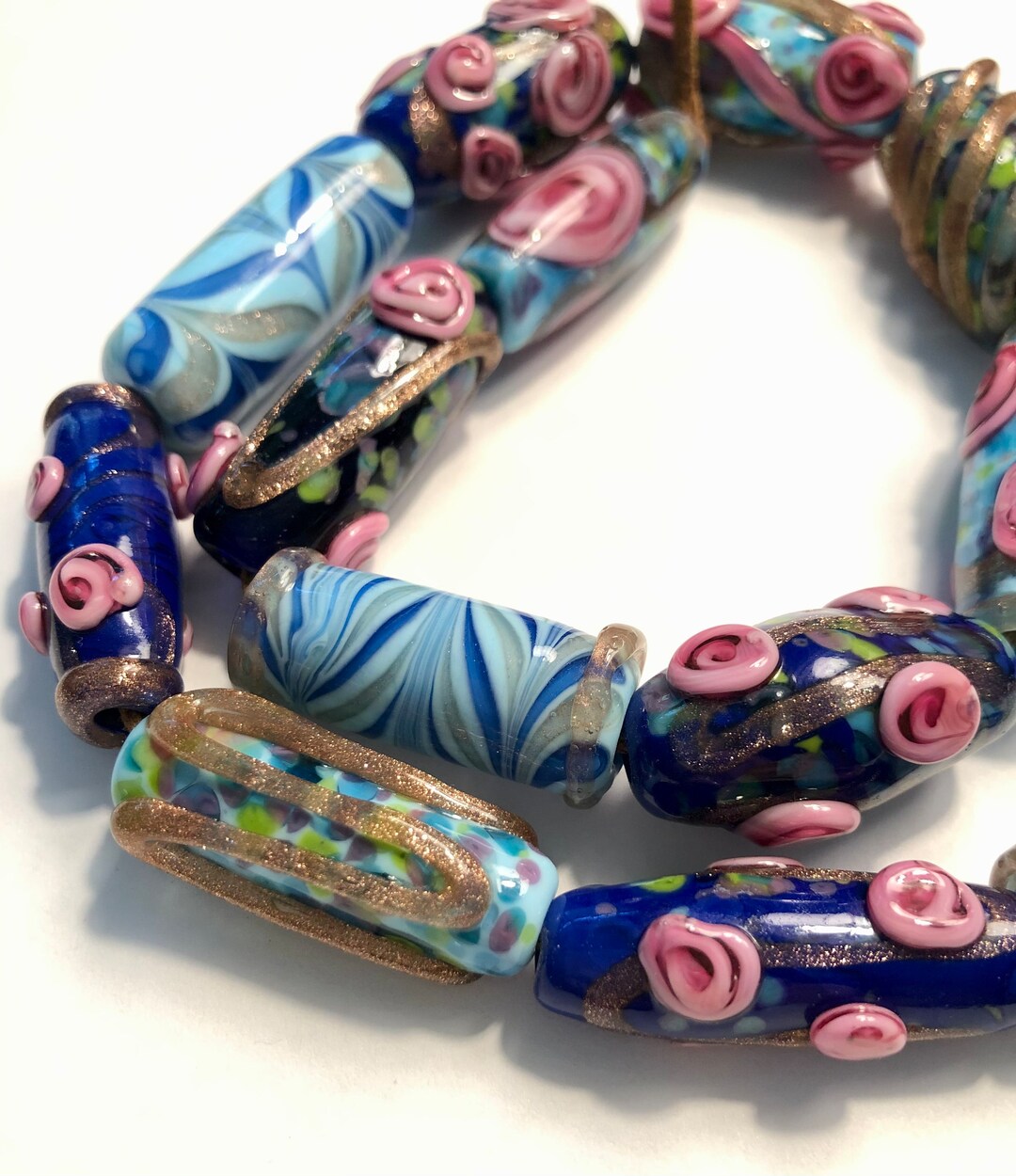 Blue Rose and Gold Floral Chevron Lampworked Bead Set 2 - Etsy