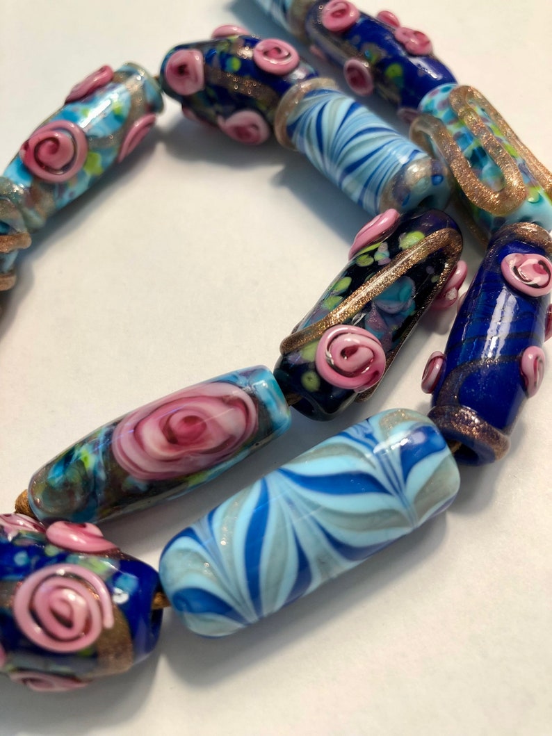 Blue Rose and Gold Floral Chevron Lampworked Bead Set 2 - Etsy