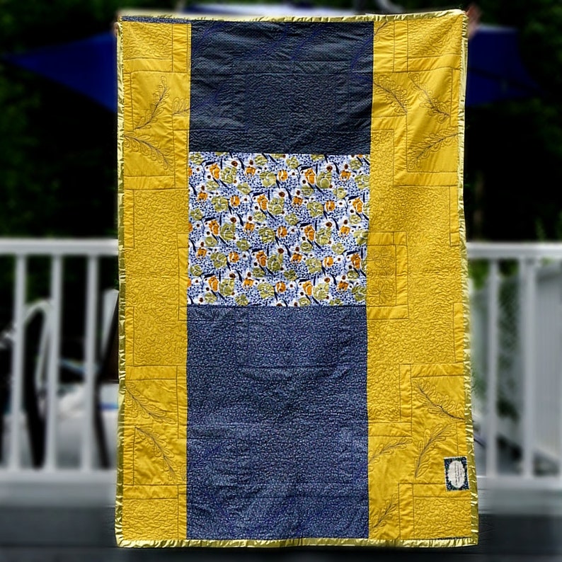 Handmade Twin Sized Quilt BLUE & GOLD LIMOGES, Blue/gold Lame' French ...