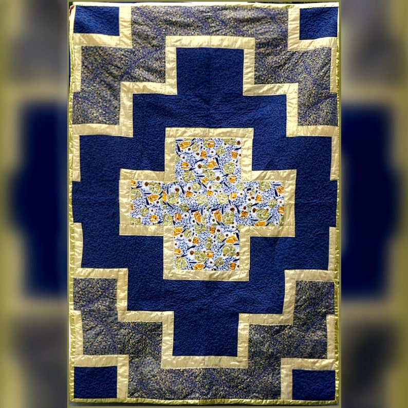 Handmade Twin Sized Quilt BLUE & GOLD LIMOGES, Blue/gold Lame' French ...