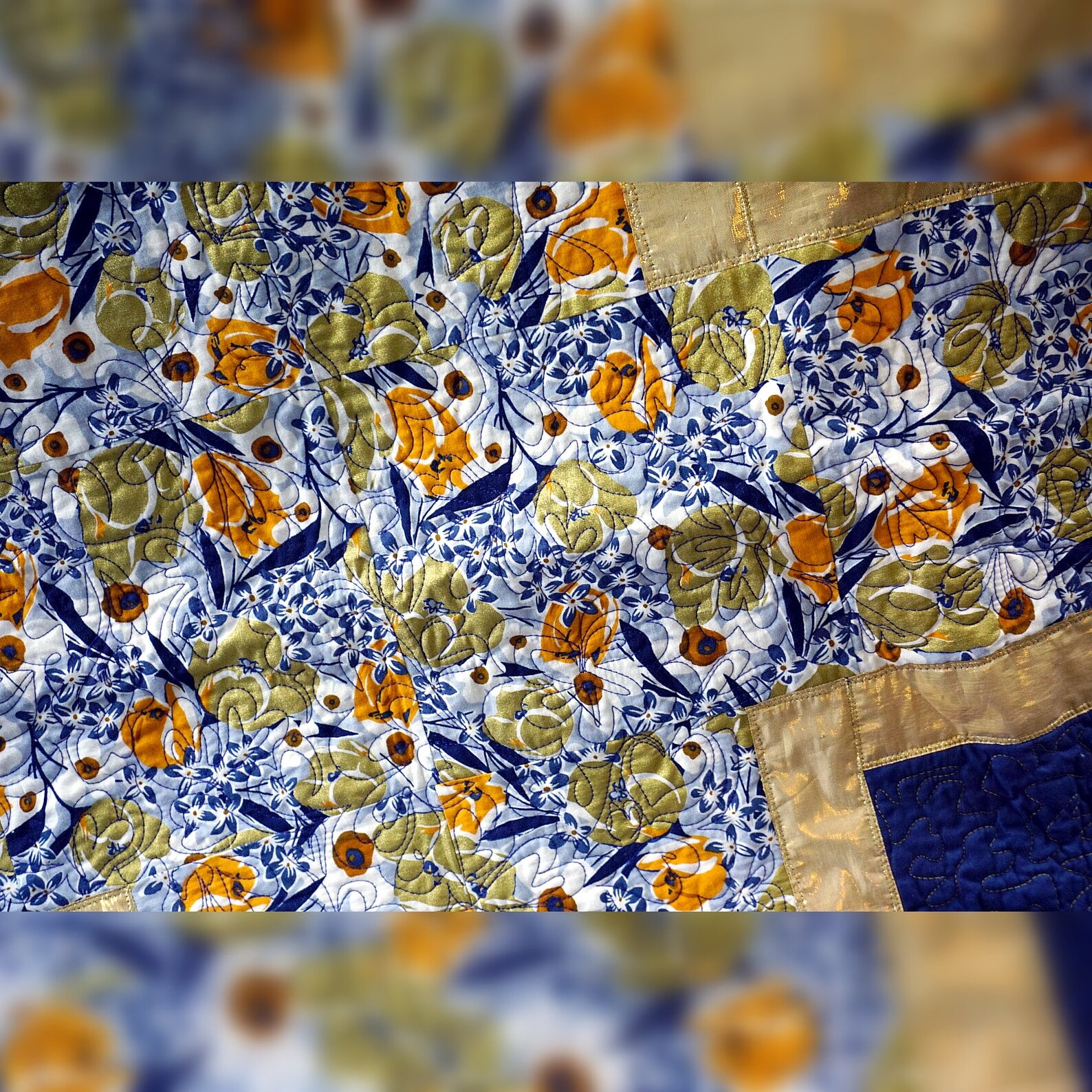 Handmade Twin Sized Quilt BLUE & GOLD LIMOGES, Blue/gold Lame' French ...