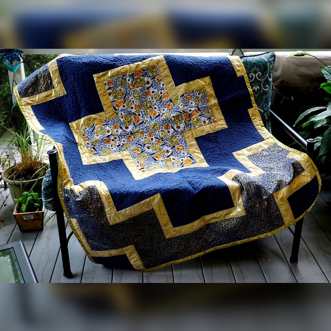 Handmade Twin Sized Quilt BLUE & GOLD LIMOGES, Blue/gold Lame' French ...