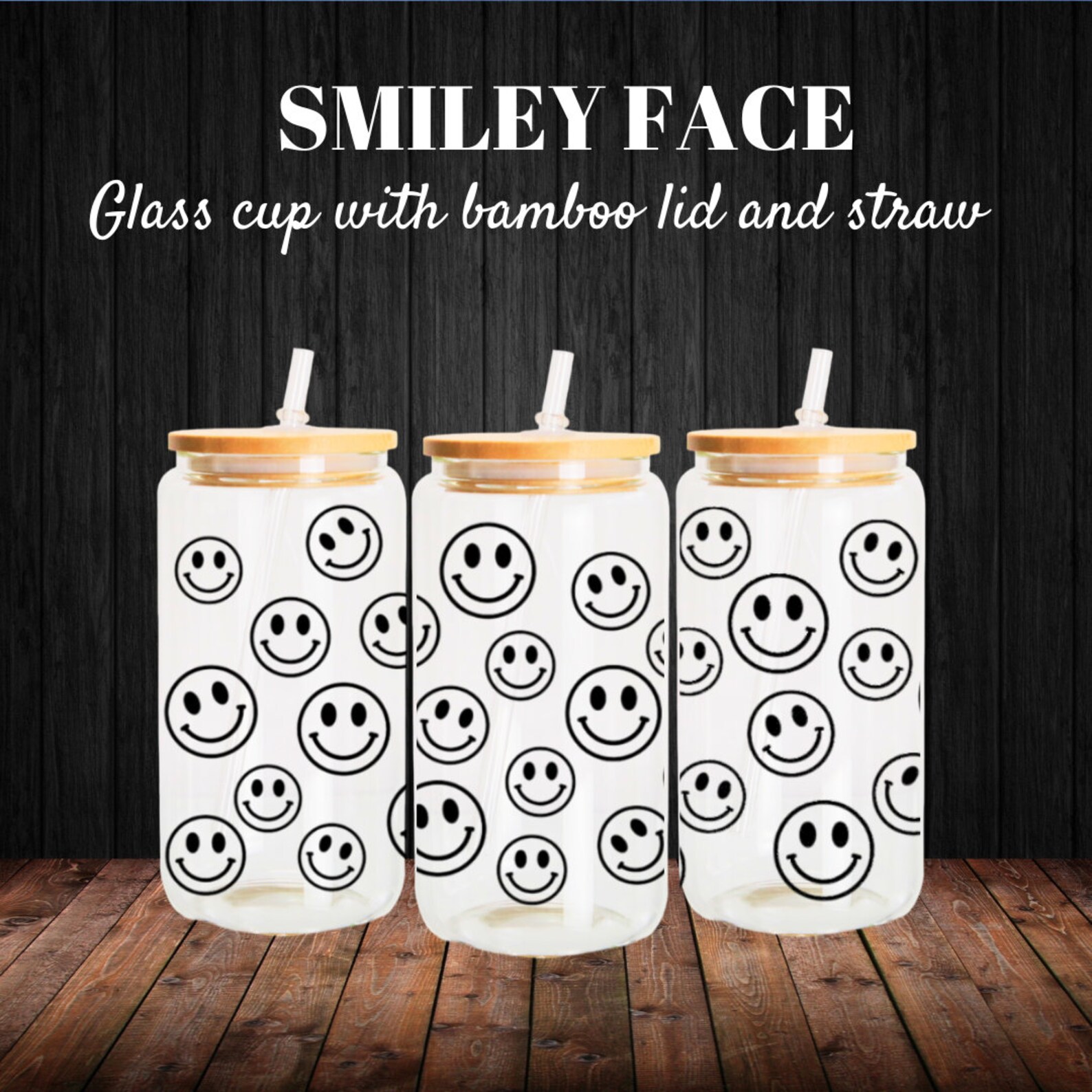 Smiley Face Design 16 Oz Glass Cup With Bamboo Lid and Straw - Etsy