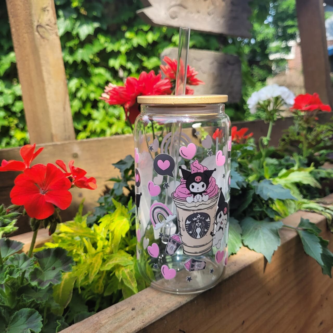 Kuromi Glass Cup With Bamboo Lid & Plastic Straw, Kuromi Glass Cup ...