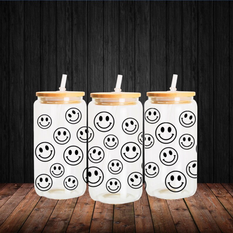 Smiley Face Design 16 Oz Glass Cup With Bamboo Lid and Straw - Etsy