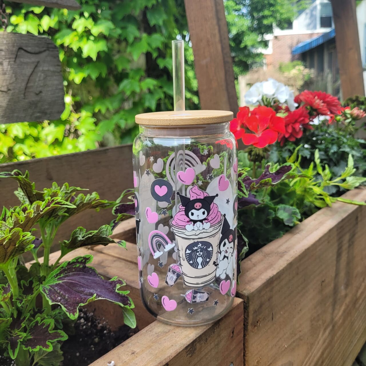 Kuromi Glass Cup With Bamboo Lid & Plastic Straw, Kuromi Glass Cup ...