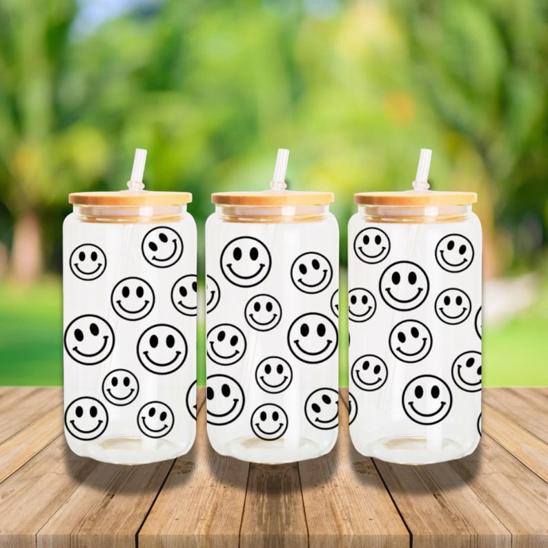 Smiley Face Design 16 Oz Glass Cup With Bamboo Lid and Straw - Etsy