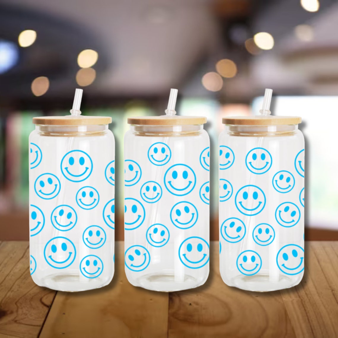 Smiley Face Design 16 Oz Glass Cup With Bamboo Lid and Straw - Etsy