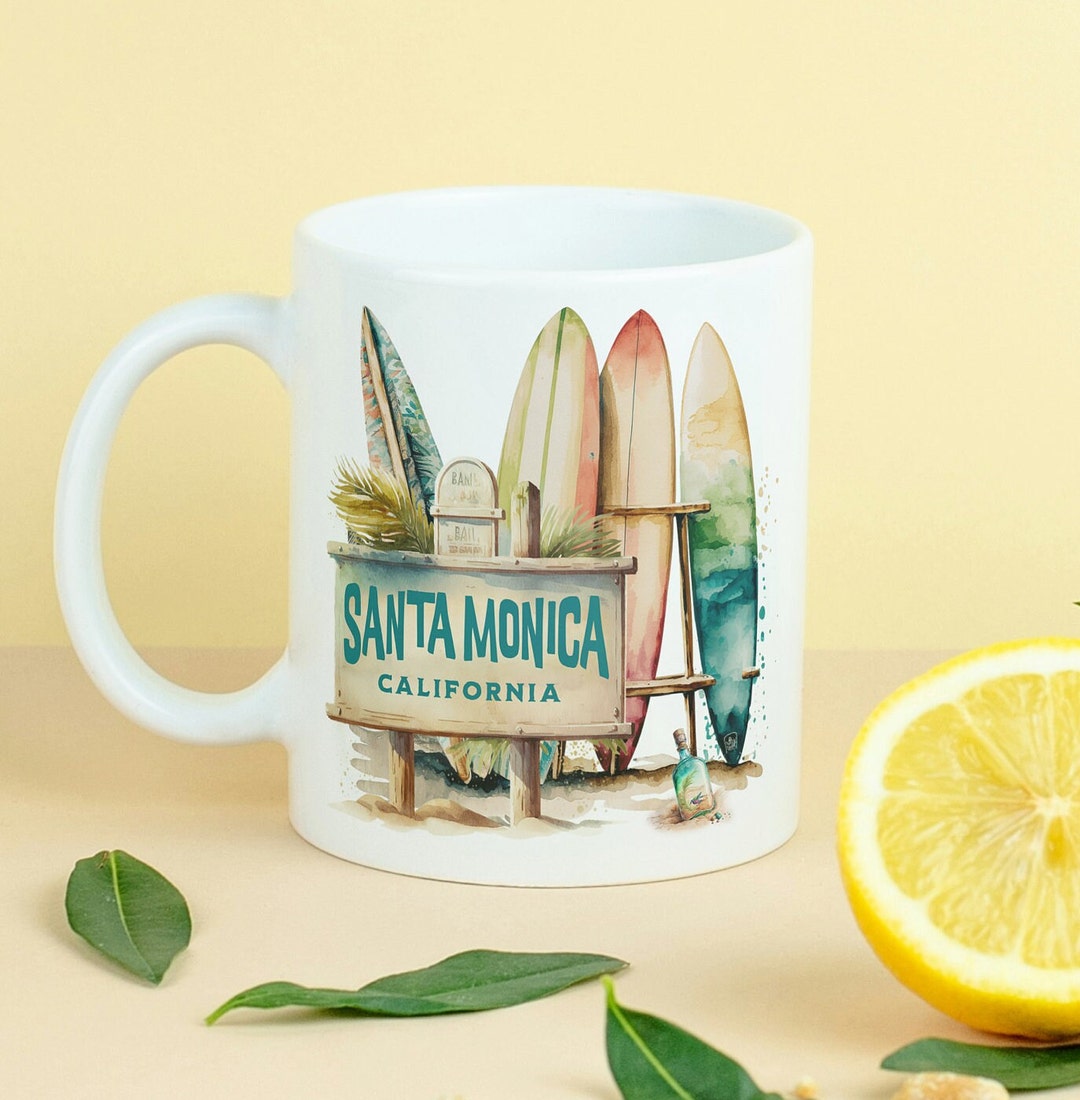 Santa Monica California Surfboard Beach Art Mug, Colorful Watercolor ...